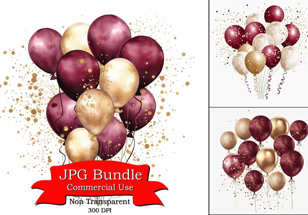 Burgundy and Gold Balloons Clipart, Glitter Effect, JPG Format,digital ...