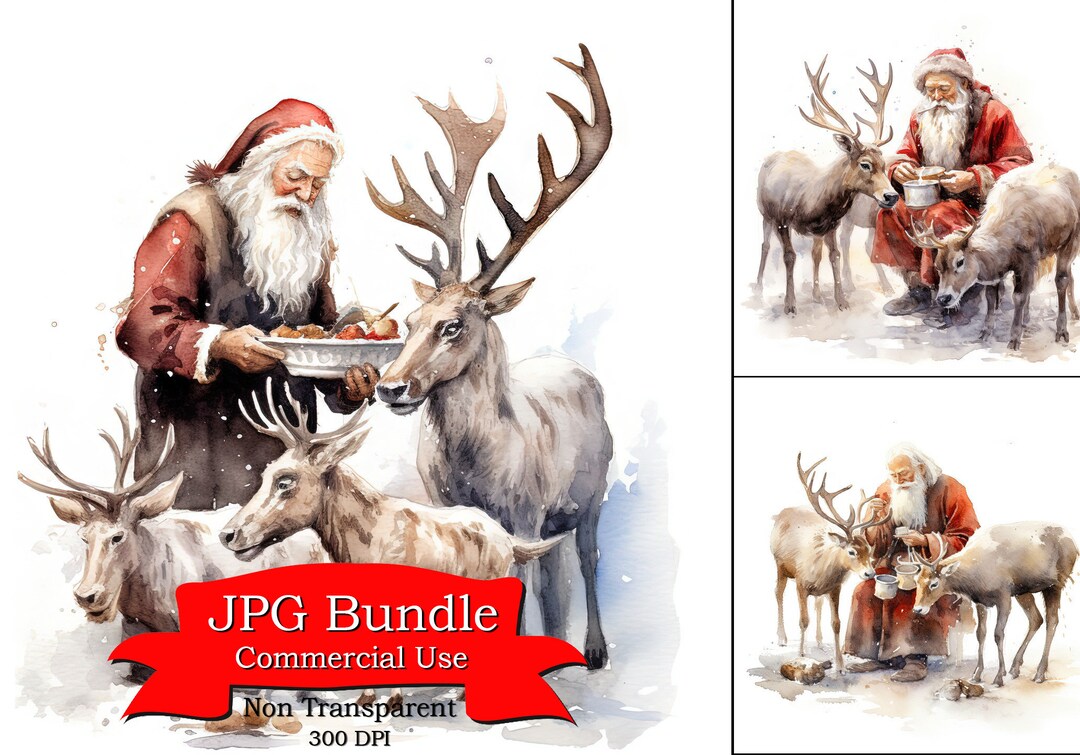Santa Feeding His Reindeers Clipart, Wall Art for Apartment, Watercolor ...