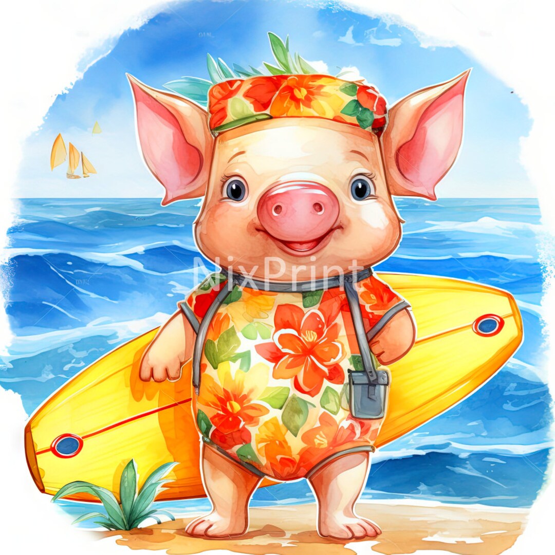 Pig Clipart, Surfing Clipart, Lifeguard Clipart, Holding a Surfboard ...