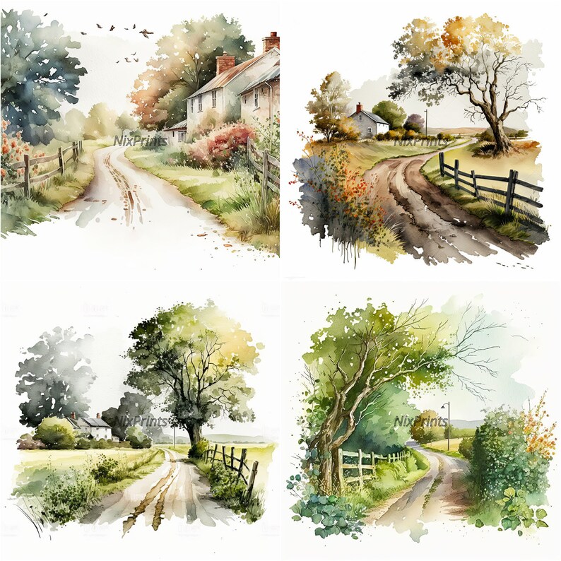 Country Lane Clipart: Peaceful Rural Landscape Illustrations - Etsy