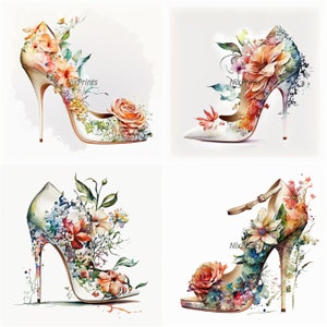 Floral High Heel Shoe Watercolor Clipart: JPG Format, Non-transparent ...