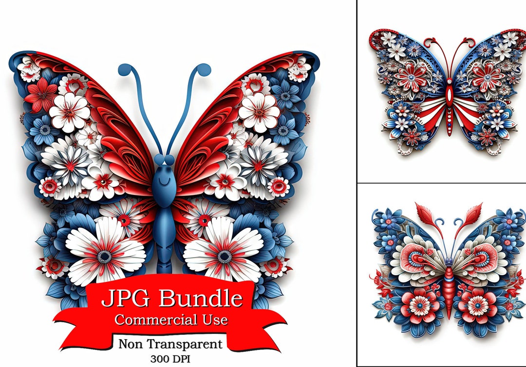 3D Patriotic Flowers and Butterfly, Celebrating 4th July, Detailed ...