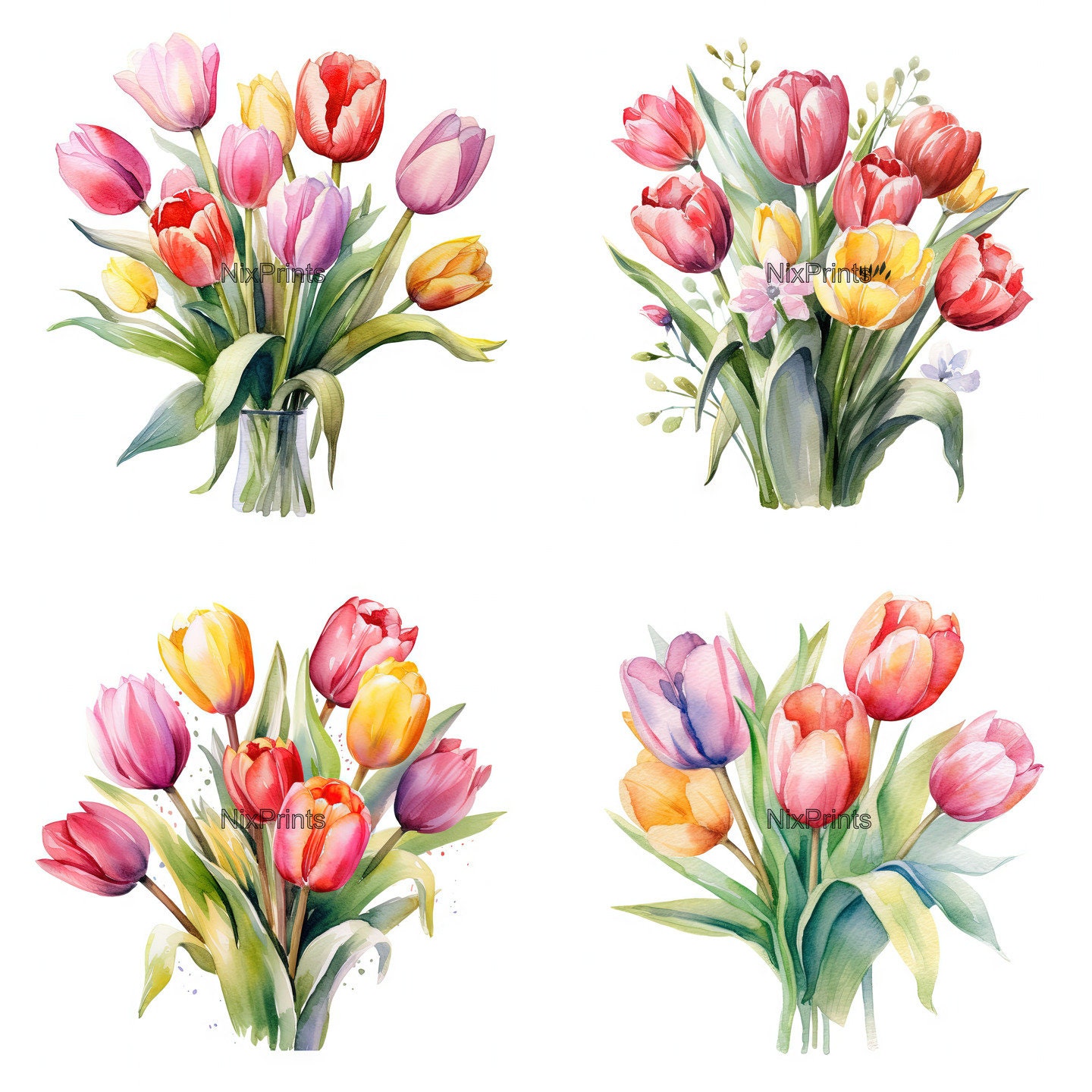 Tulip Flower Bouquet Clipart Watercolor Art Digital Paper - Etsy