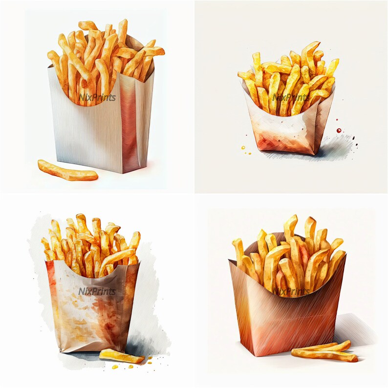 French Fries Clipart: Tasty Watercolor Fast Food Illustration - Etsy