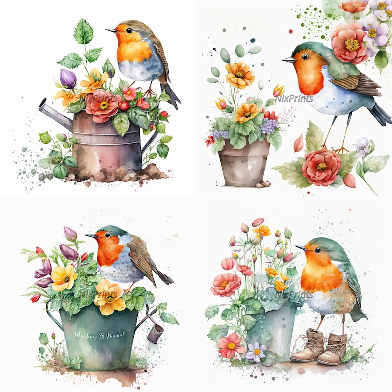 Robin Bird Clipart, Spring Flowers Gardening Theme, Digital Downloads ...