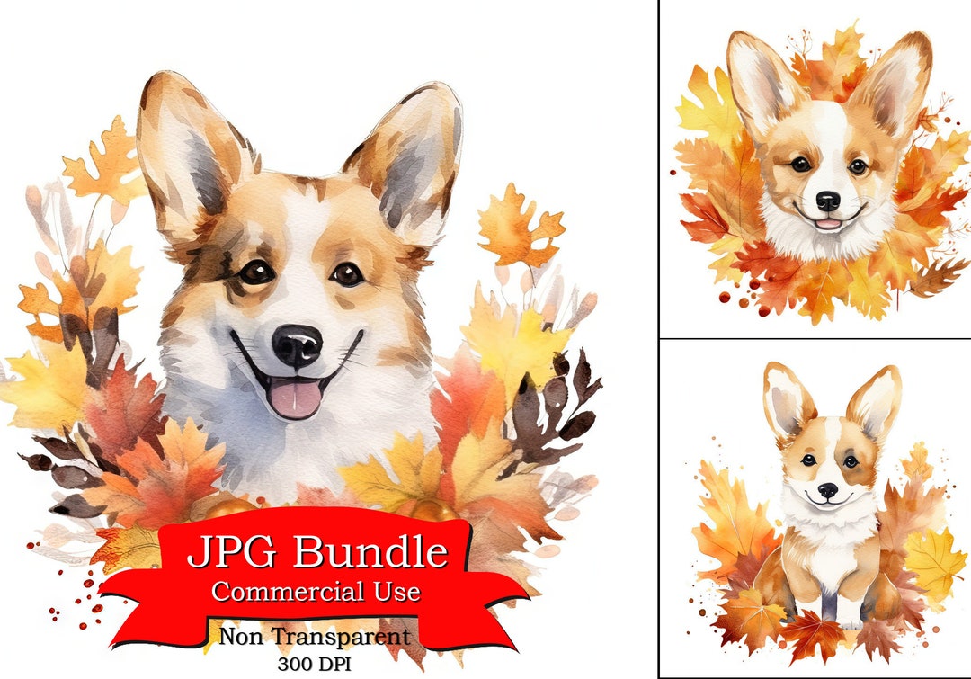 Cute Corgi Fall Foliage Fall Season Watercolor Clipart, Wall Art for ...