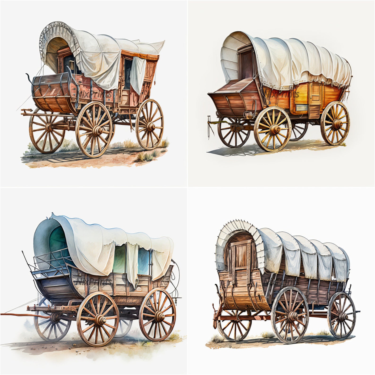 Wagons Watercolor Clipart, Old-fashioned Transportation, Digital ...