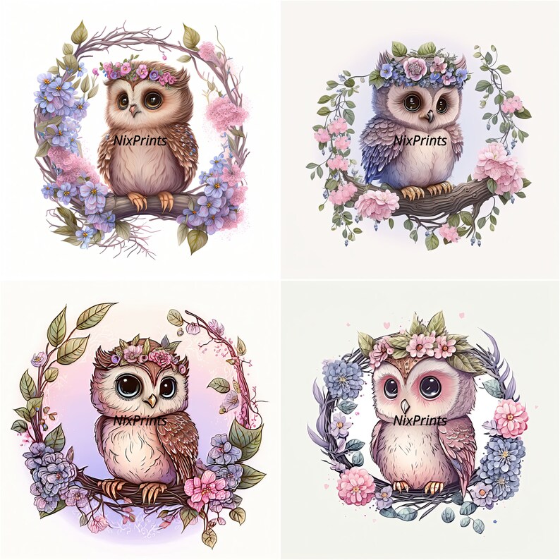 Whimsical and Nordic Pastel Color Owl With Flowers Clipart Set - Etsy