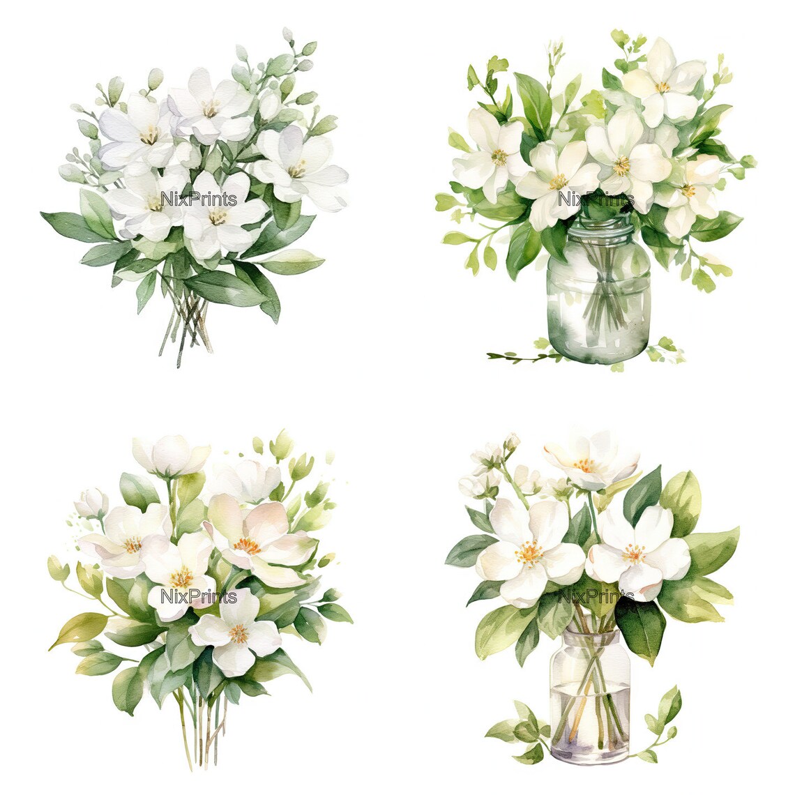 Jasmine Bouquet Watercolor Digital Clipart Digital Paper Crafting ...