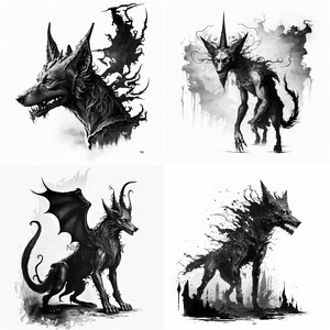 Hellhound Black and White Clipart: A Fierce and Mystical Clipart Image ...