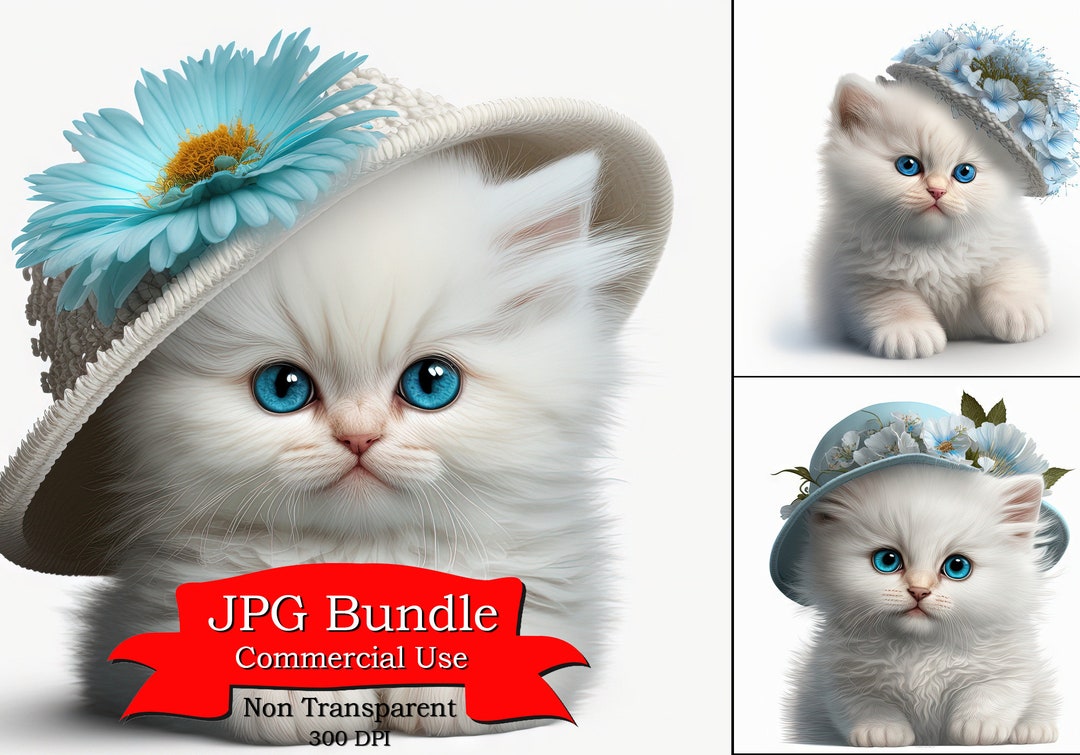 Cat Clipart, White Kitten, Blue Flowers,digital Paper Crafting, Digital ...
