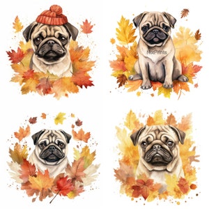 Cute Pug Dog Fall Foliage Watercolor Clipart, Picture for Kids Room ...