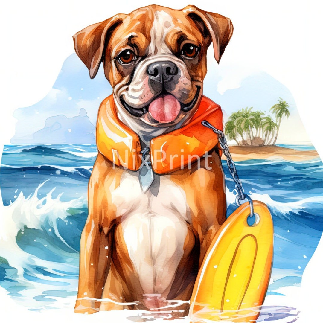 Boxer Dog in a Lifeguard Outfit, Holding a Surfboard, Wall Art for ...