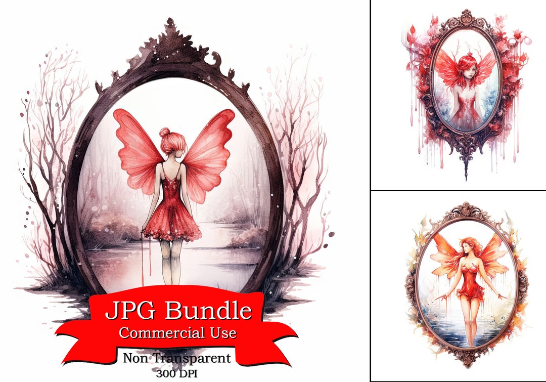 Red Fairy Mirror Watercolor Clipart - Reflection of Magic and Beauty ...