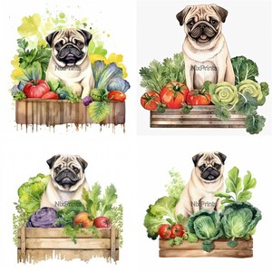 Cute Pug Dog Vegetable Garden Watercolor Clipart, Wall Art for Nursery ...