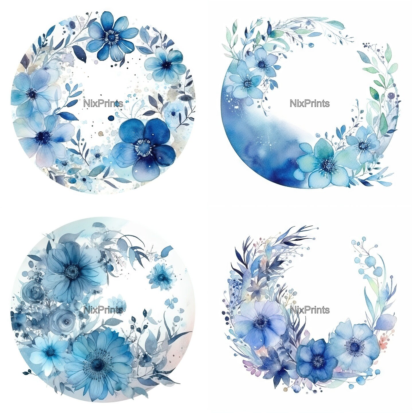 Blue Magical Floral Circle Watercolor Clipart Digital Paper - Etsy