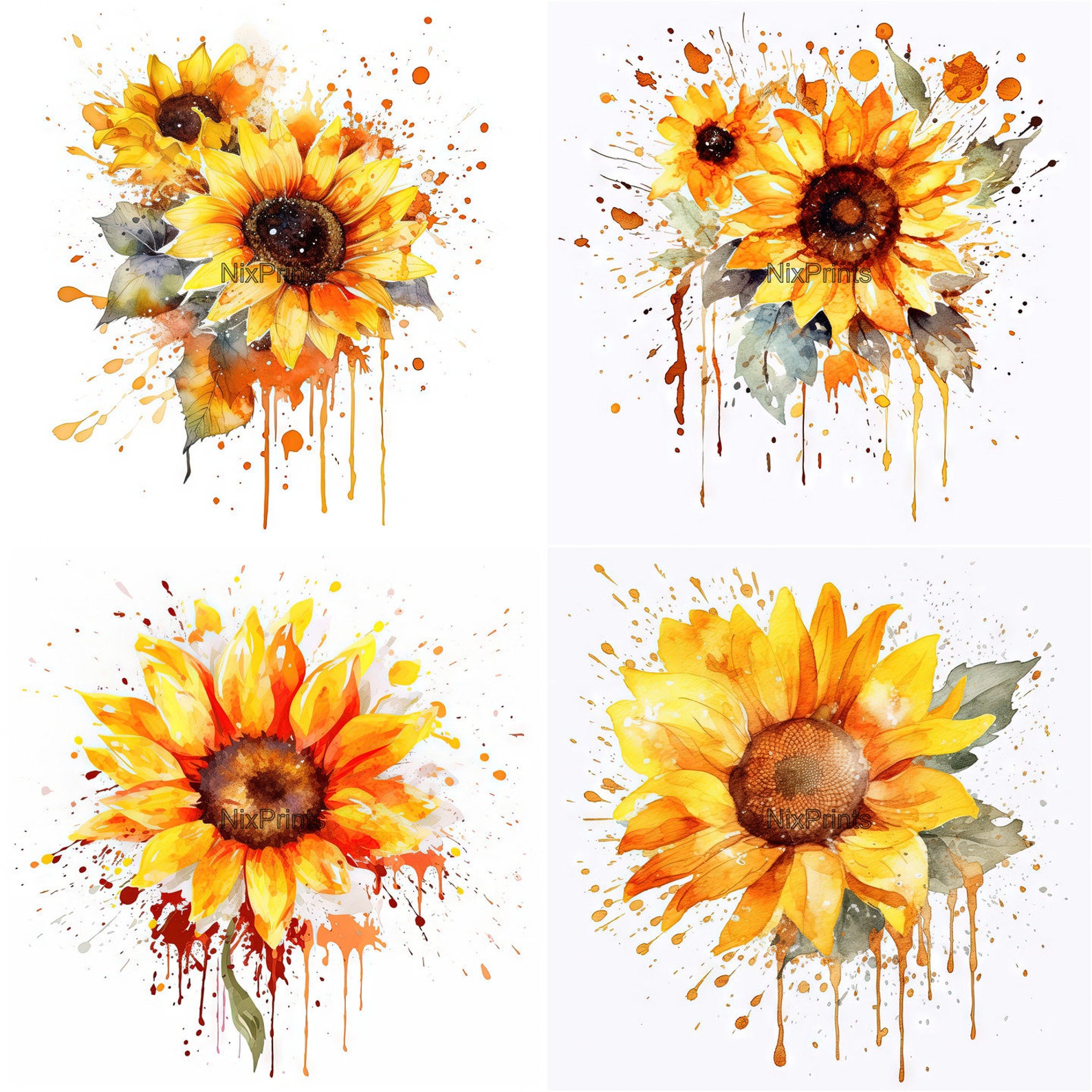Sunflower Paint Splash Clipart Watercolor Art Digital Paper - Etsy
