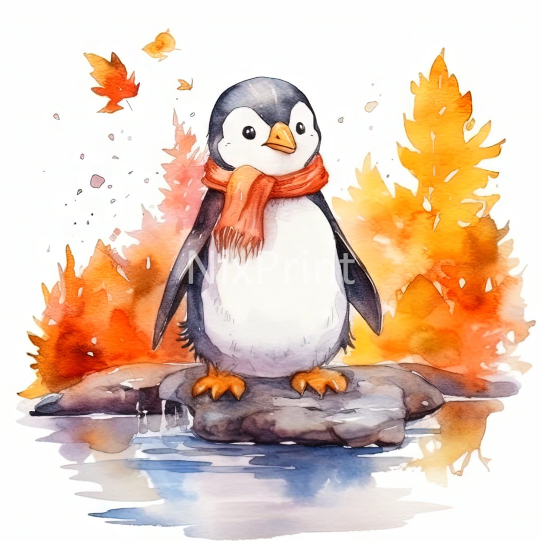 Penguin Autumn River Crossing Clipart, Penguin Clipart, Digital Sticker ...