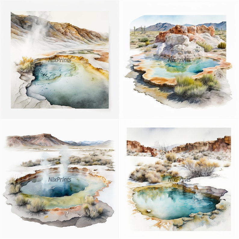Serene Watercolor Hot Springs Cliparttranquil Landscape - Etsy