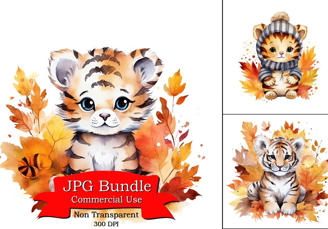 Cute Tiger Fall Foliage Watercolor Clipart, Wall Art for Outdoor ...