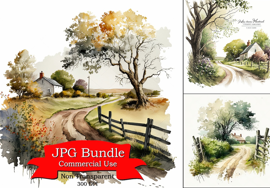 Country Lane Clipart: Peaceful Rural Landscape Cliparts, Non ...
