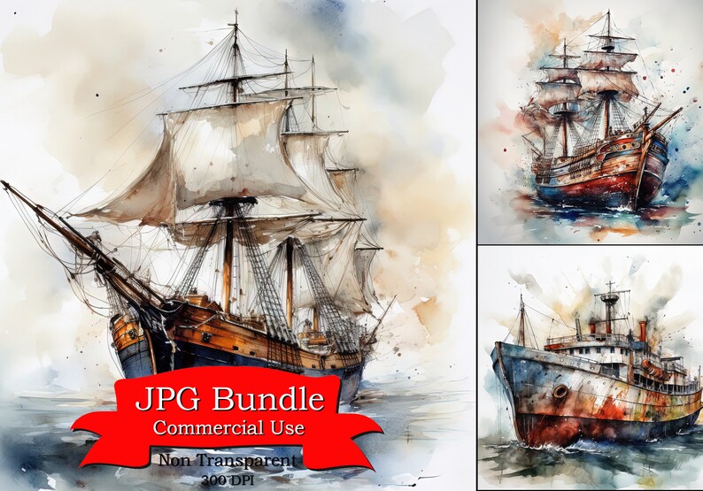 Ship Boat Watercolor Art Clipart Nautical Journey Vibrant - Etsy