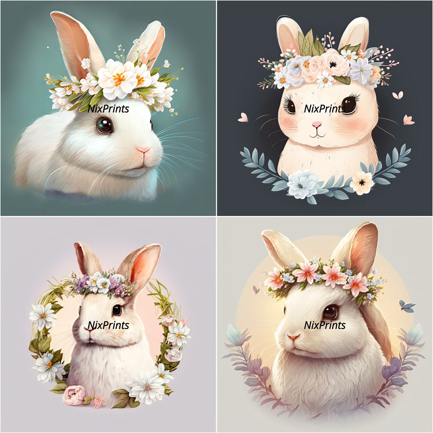 Whimsical Spring Bunnies and Floral Clipart for Nursery Art - Etsy