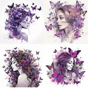 Girl Clipart With Butterflies, Digital Purple Butterflies Woman Clipart ...