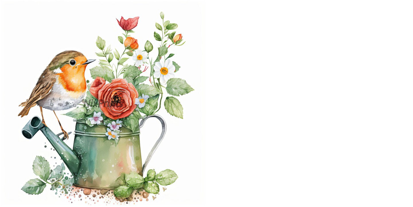 Robin Bird Clipart, Spring Flowers Gardening Theme, Digital Downloads ...