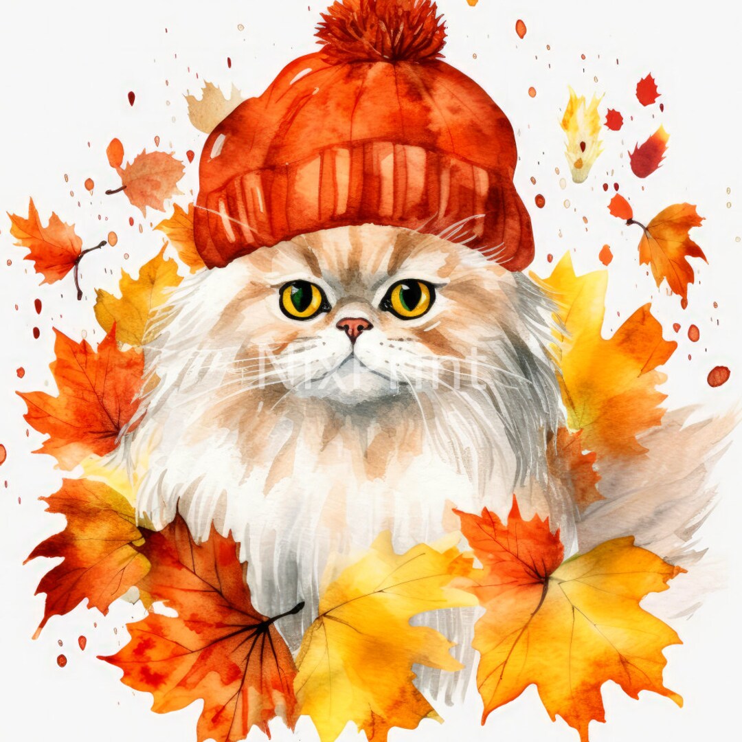 Persian Cat Fall Foliage Clipart, Persian Cat in Hat Clipart, Wall Art ...