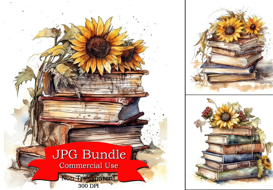Vintage Stack of Old Books With Dying Sunflowers Watercolor Digital ...