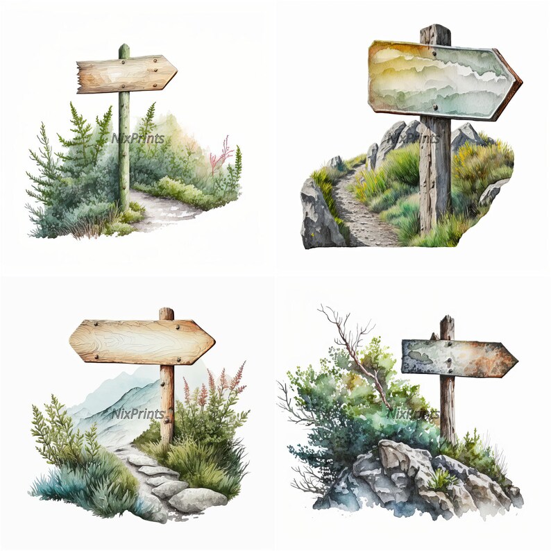 Watercolor Blank Hiking Sign Clipart: 300 DPI Non-transparent - Etsy