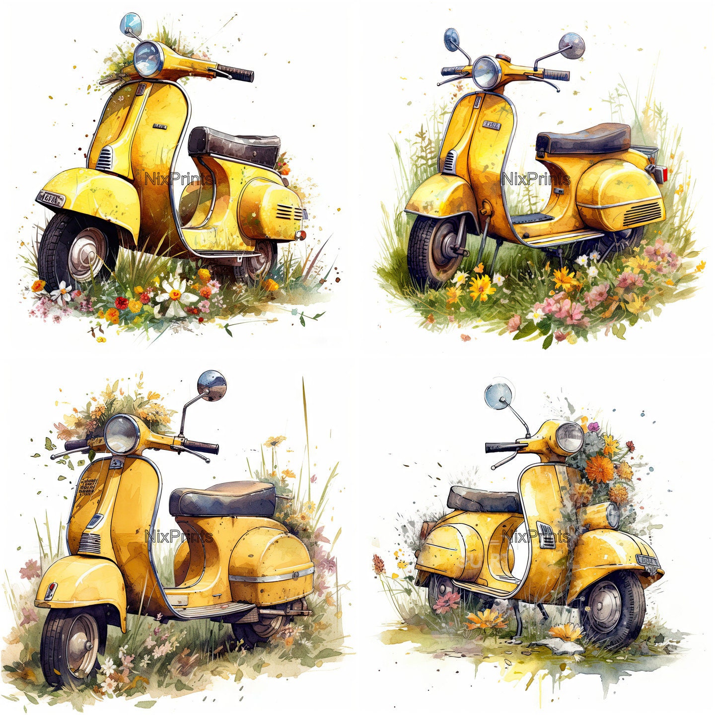 Yellow Vespa Scooter Clipart With Wildflowers Digital Clipart - Etsy