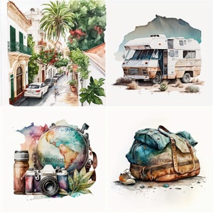 Travel Watercolor Clipart, Adventure Theme Art, Digital Download, Non ...