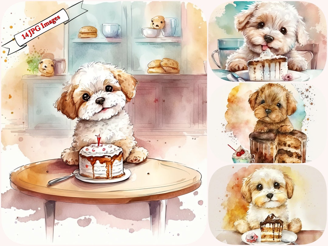 Watercolor Cute Puppy With Cake Clipart- Assorted Dog Clipart ,digital ...