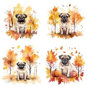 Pug Dog Autumn Trees Watercolor Clipart, Background for Wind Spinner ...