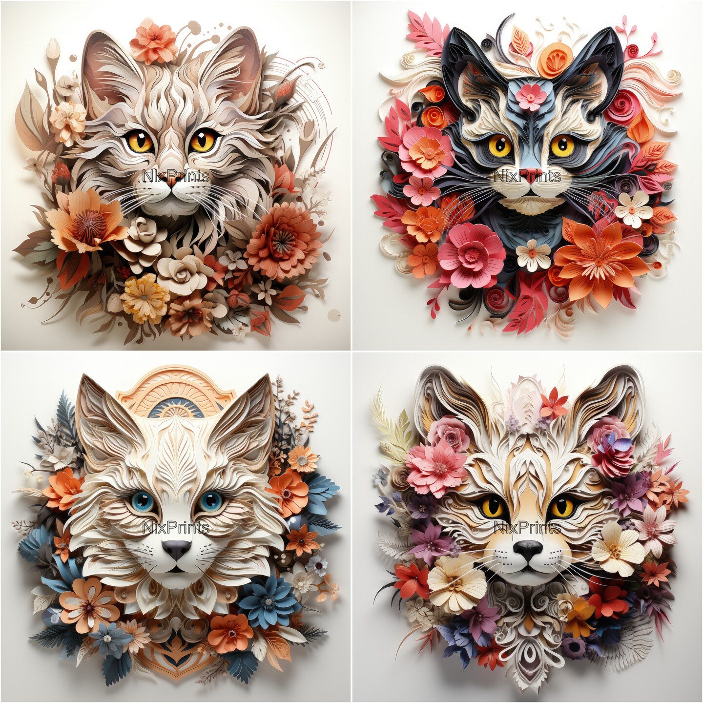 Paper Quill Mandala Cat Clipart, Flowers Clipart, Poster for Graphic ...