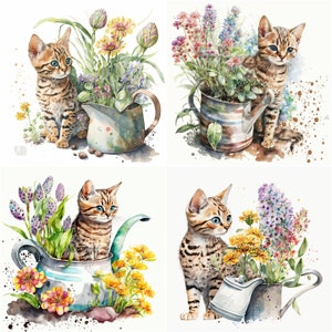 Bengal Kitten Clipart, Spring Flowers, JPG Format, Floral Cat ...
