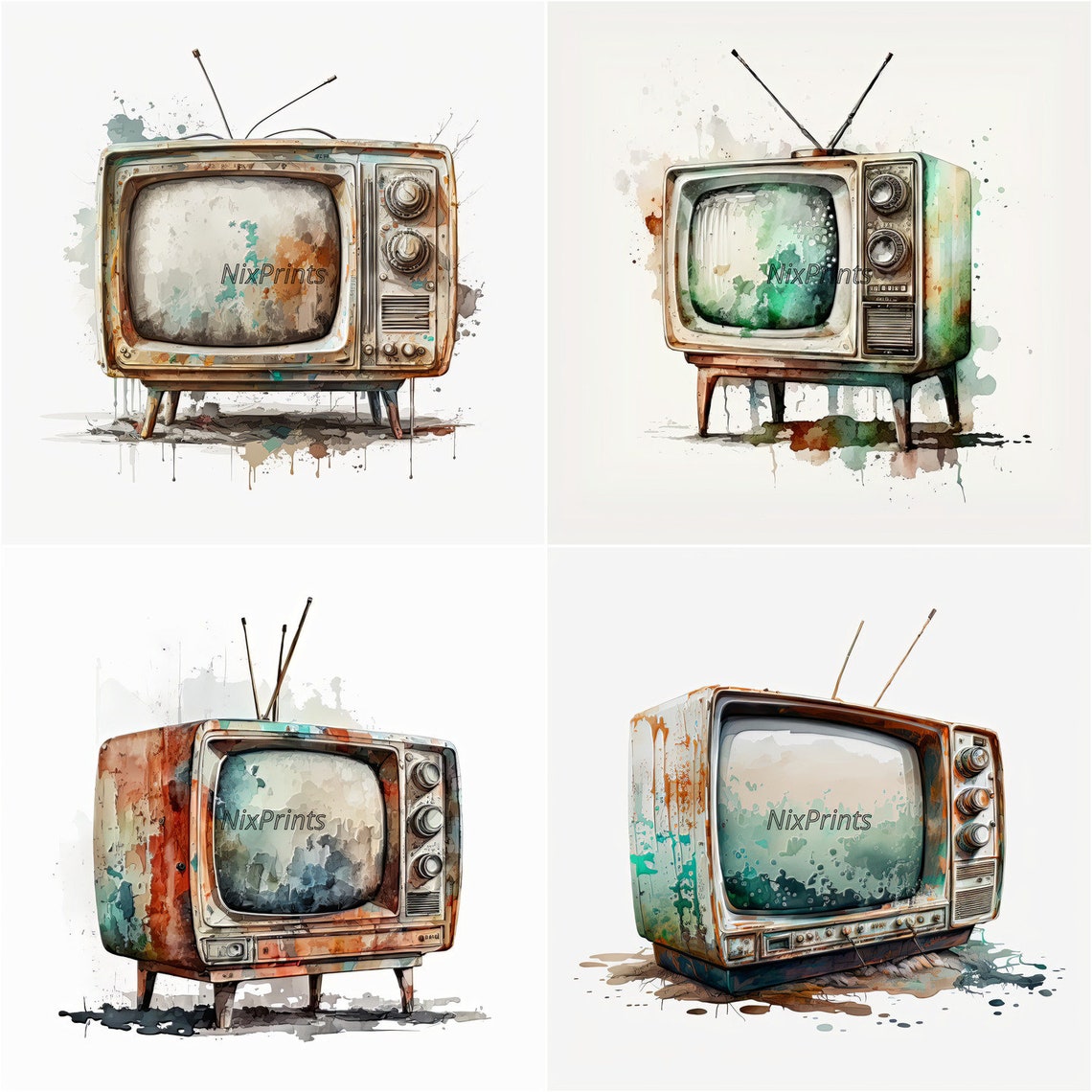 Vintage TV Watercolor Clipart, Retro Television Art, Digital Download ...