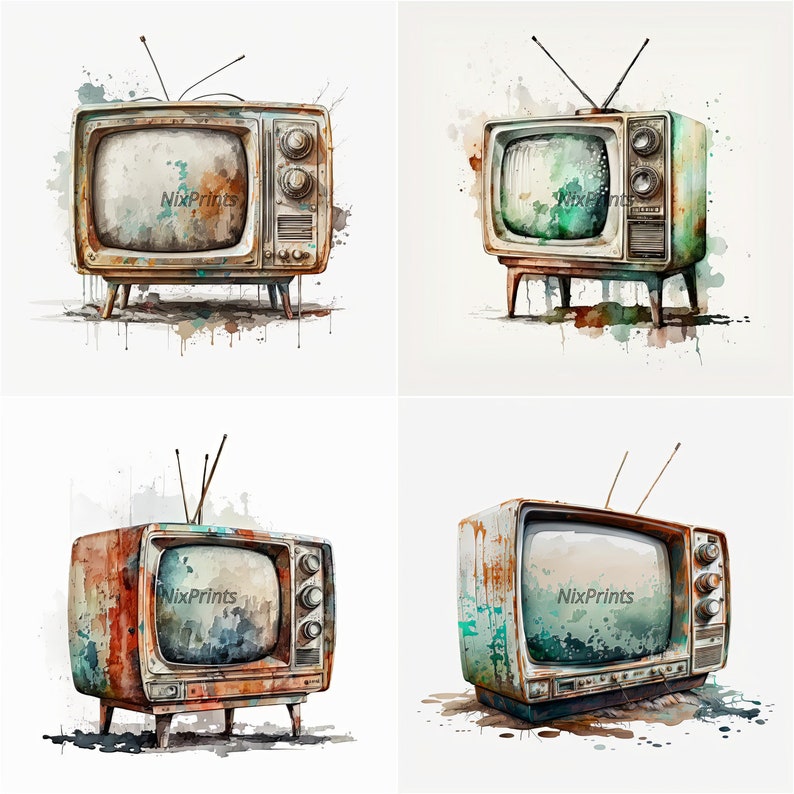 Vintage TV Watercolor Clipart Retro Television Art Digital - Etsy