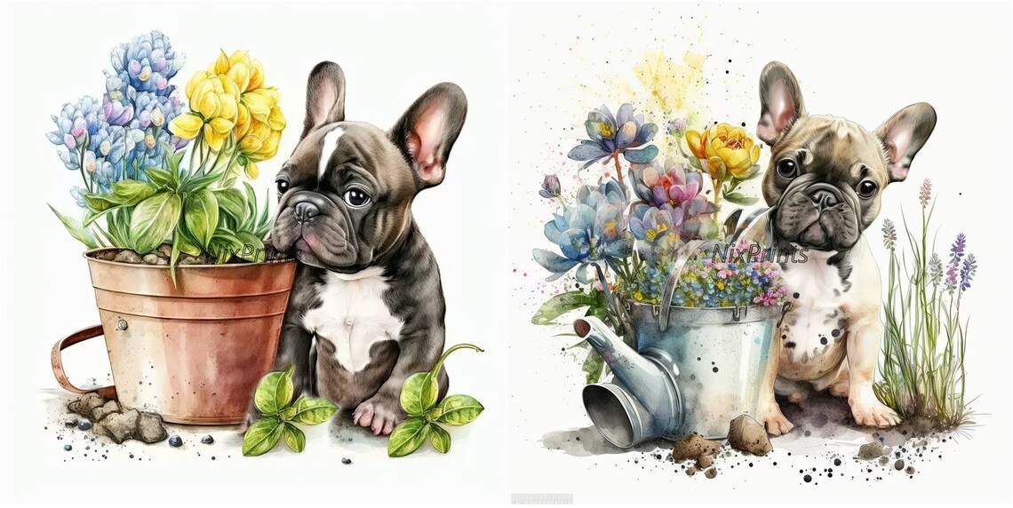 French Bulldog Spring Flowers Clipart Set Digital Image - Etsy