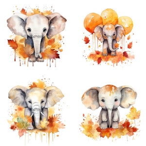 Cute Elephant Fall Foliage Fall Season Watercolor Clipart, Wall Art for ...