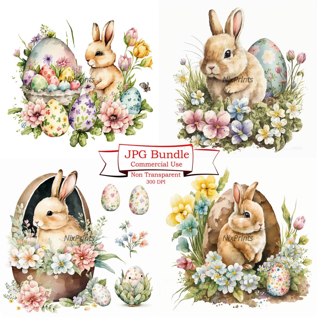 Bunny Easter With Eggs and Flowers, Fantasy Clipart - Magical Spring ...