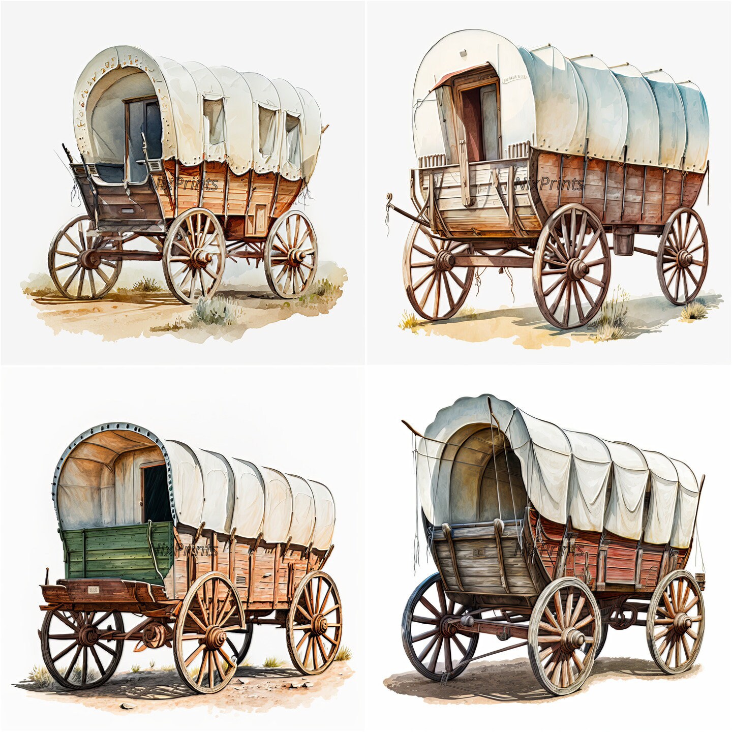 Wagons Watercolor Clipart, Old-fashioned Transportation, Digital ...