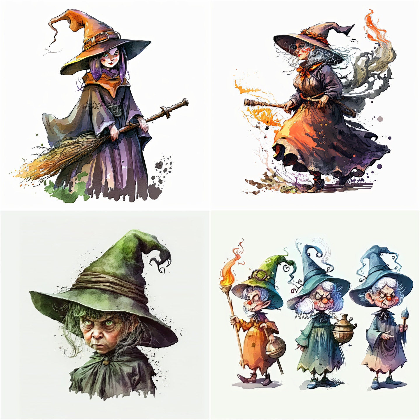 Cartoon Witch Clipart: Watercolor Enchanting Illustrations - Etsy