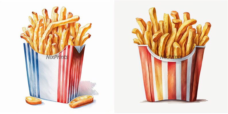 French Fries Clipart: Tasty Watercolor Fast Food Illustration - Etsy