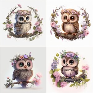 Whimsical and Nordic Pastel Color Owl With Flowers Clipart Set With ...