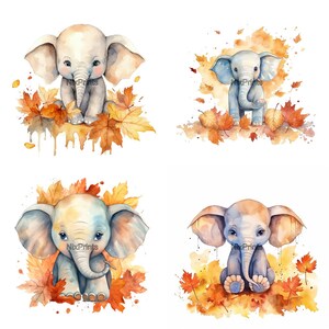 Cute Elephant Fall Foliage Fall Season Watercolor Clipart, Wall Art for ...