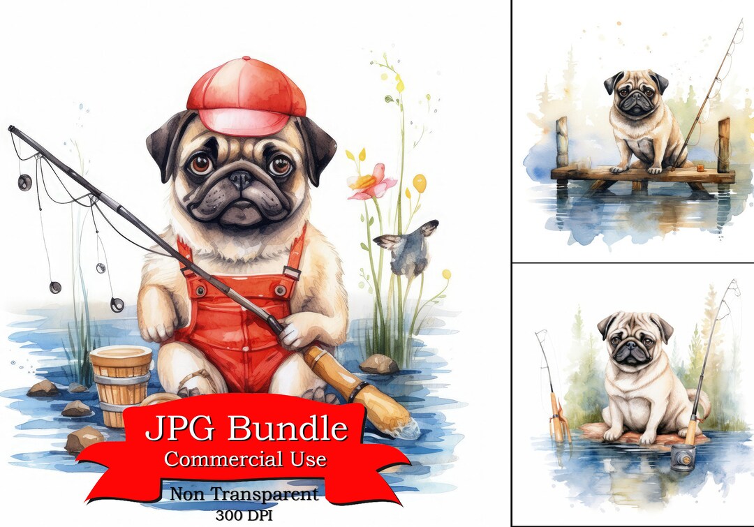 Cute Pug Dog Fishing Scene Watercolor Clipart, Clip Art for Jewelry ...