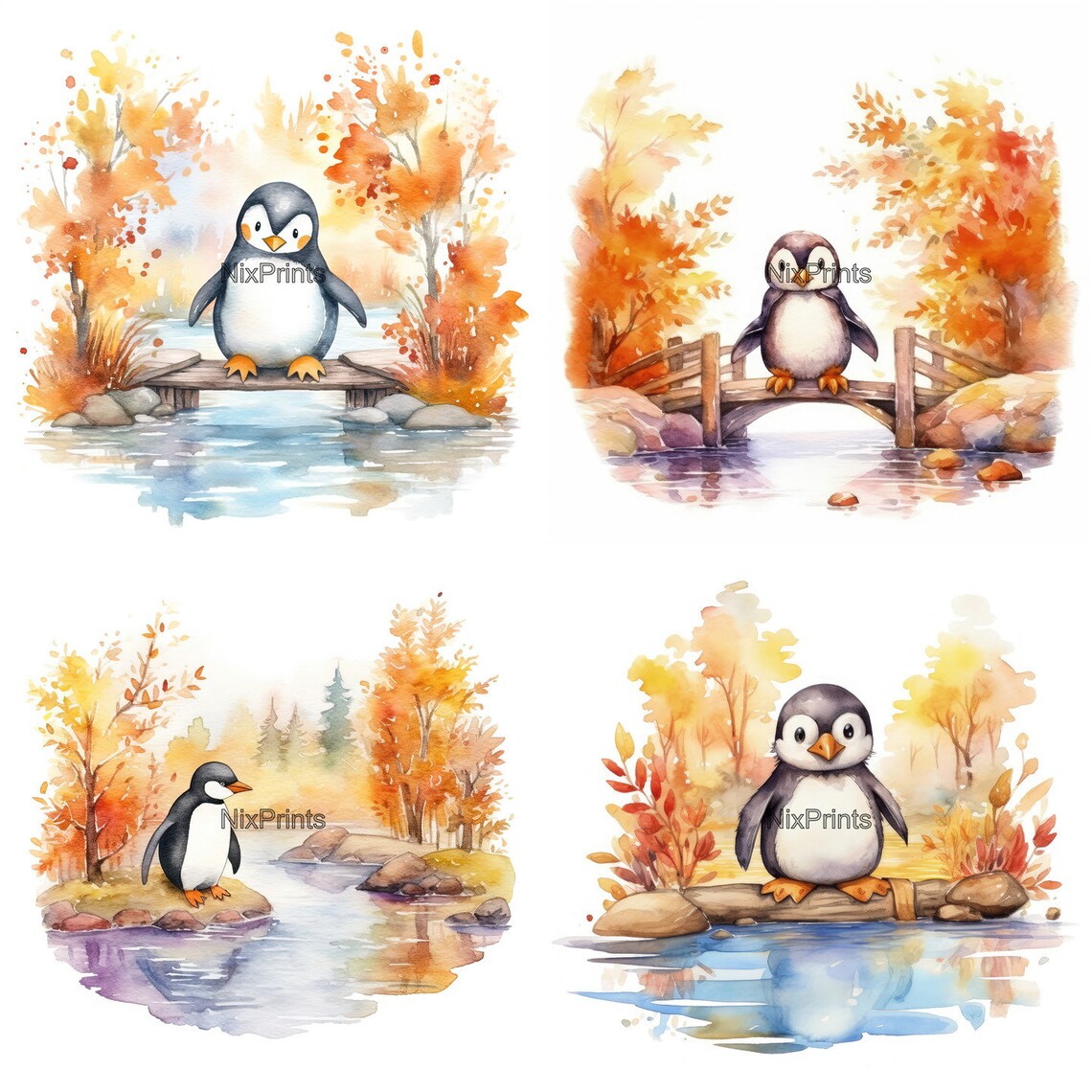 Penguin Autumn River Crossing Clipart, Penguin Clipart, Digital Sticker ...